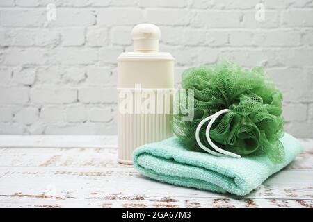 Shower Puff Fibre Scrub with Soap Stock Photo - Alamy