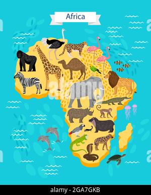 Elephant, zebra, crocodile and hippo on river shore in african savannah ...