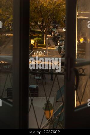 Dawn outside window. Bright sun in morning. Orange color from first ...