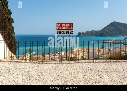 Property, land plot, on sale sign on Spanish coast, Altea Stock Photo ...