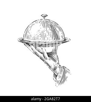 Hand holding tray with lid. Engraved retro restaurant service, brunch ...