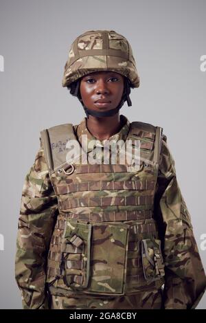 Studio portrait of confident female soldier looking sideways Stock ...