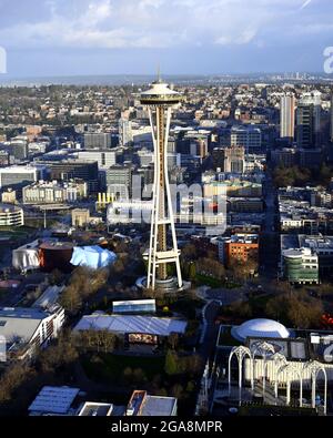 Museum of Pop Culture and the Space Needle landmarks at the Seattle ...