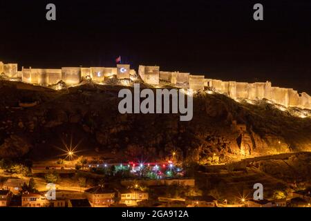 Illuminated historical Bayburt castle in night view Stock Photo - Alamy