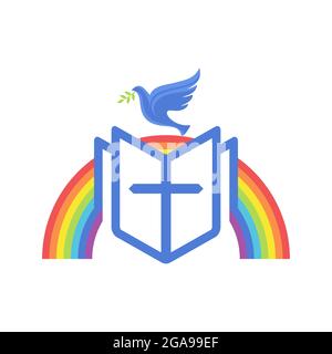 Biblical illustration. An open bible and a rainbow of the covenant ...