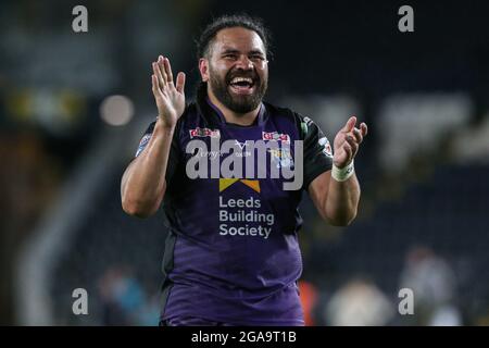 Konrad Hurrell (4) of Leeds Rhinos acknowledges the Leeds fans Stock ...