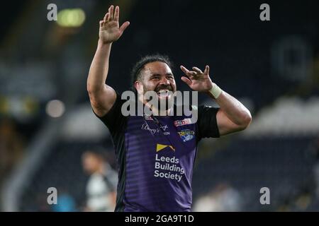 Konrad Hurrell (4) of Leeds Rhinos acknowledges the Leeds fans Stock ...