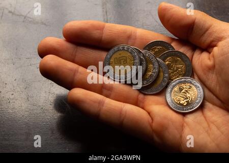 hand holding mexican money called pesos Stock Photo - Alamy