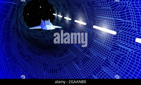 Arcade space ship flying to the gateway in blue corridor 3D landscape ...