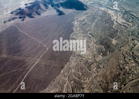 Aerial view of geoglyphs near Nazca - famous Nazca Lines, Peru. On the ...