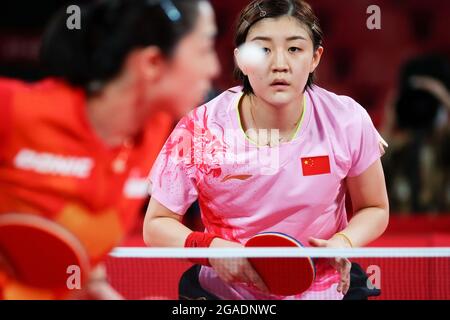 Mengu Yu plays a shot during the Women's Singles Table Tennis Semifinal match between Meng Chen ...