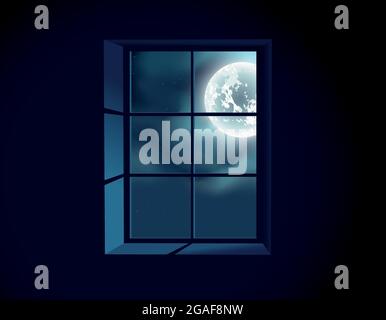Window view with twilight sky stars line art vector cartoon icon Stock ...
