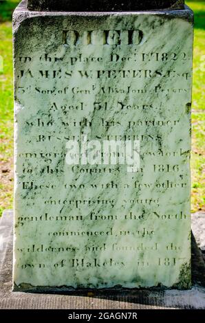 A headstone stands in Blakeley Cemetery in Historic Blakeley State Park ...
