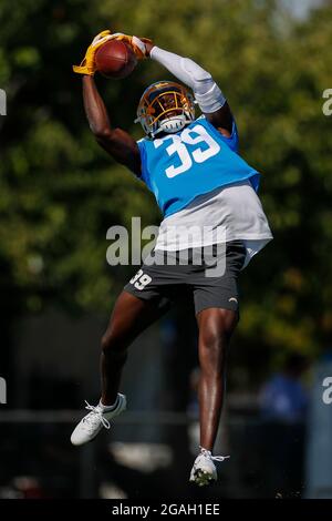 Los Angeles Chargers cornerback Donte Jackson (26) reacts to the play ...