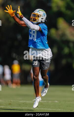 Los Angeles Chargers cornerback Donte Jackson (26) intercepts a pass ...