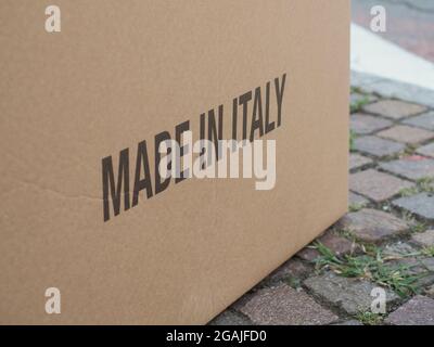 made in Italy label on a corrugated cardboard box Stock Photo - Alamy