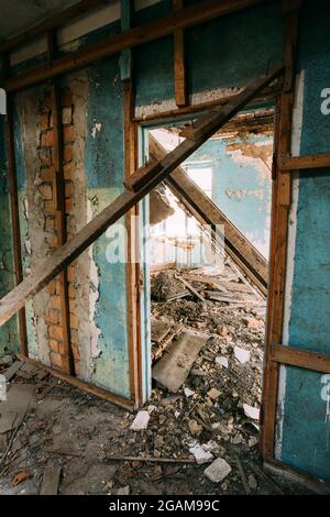 Debris inside a building in Pripyat, Ukraine, near the Chernobyl ...