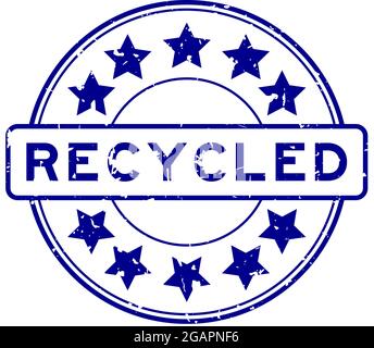 Grunge blue reuse word with star icon round rubber seal stamp on white ...