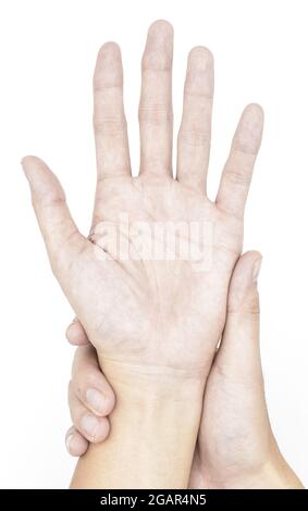 Pale palmar surface of both hands. Anaemic hands of Asian, Chinese man ...