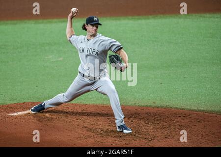 New York Yankees pitcher Gerrit Cole throws during the first inning of ...