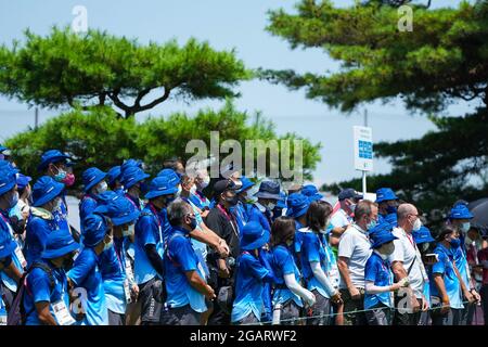 Saitama, Japan. 1st Aug, 2021. Rory McIlroy (L) of Ireland is seen ...
