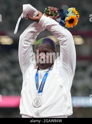 Raven Saunders, of United States, reacts after a throw in the final of ...