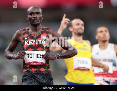 Ferguson Rotich, of Kenya, reacts after winning a heat in the men's 800 ...