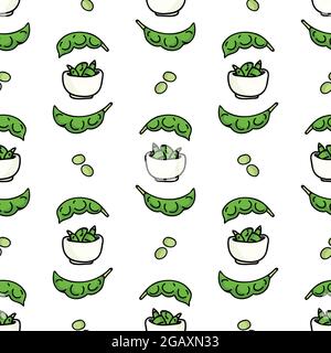 Cute edamame all over print. Hand drawn Japanese soy bean snack flat ...
