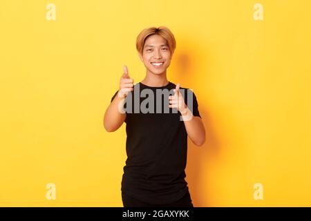 Portrait of cheeky smiling asian guy, looking satisfied and pointing ...