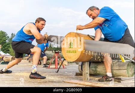 Hayward, USA. 1st Aug, 2021. A woman reacts during the 61st Lumberjack ...