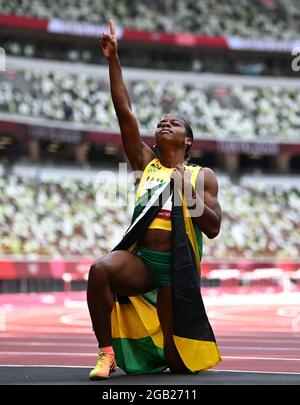 Megan Tapper of Jamaica after winning the heat of the women’s 100m ...
