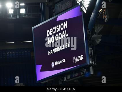 The big screen showing a VAR decision of no penalty during the Premier ...