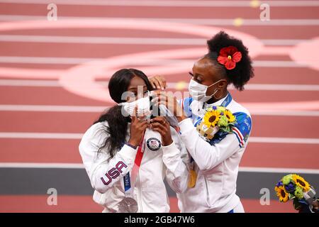 Kendra Harrison, Jasmine Camacho-Quinn and Tia Jones competing in the ...