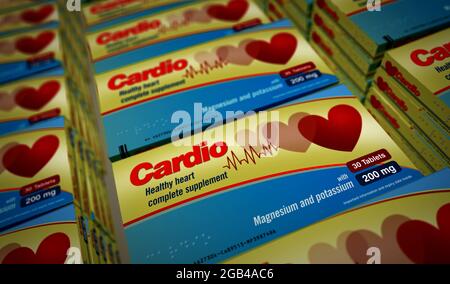 Cardio medicine tablets box production line. Heart health pills pack ...