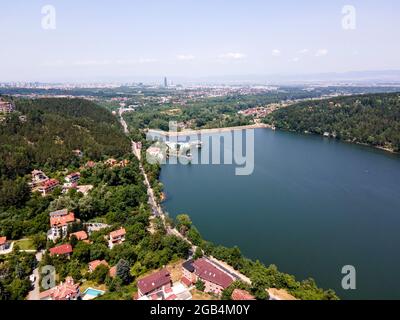 Aerial summer view of Pancharevo lake, Sofia city Region, Bulgaria ...