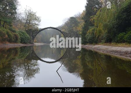 Mesmerizing view of a semicircle bridge over the lake with its ...