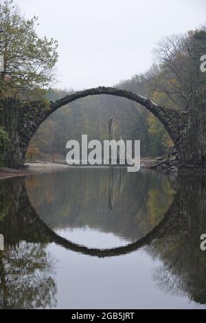 Mesmerizing view of a semicircle bridge over the lake with its ...