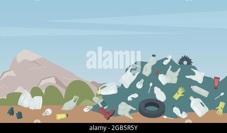 Vector illustration of landfill landscape with waste. Garbage dump ...