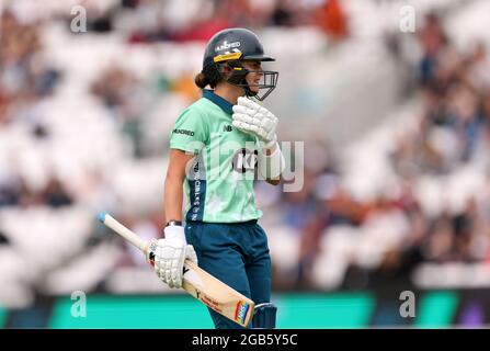 Oval Invincibles' Grace Gibbs leaves the pitch after being caught LBW ...