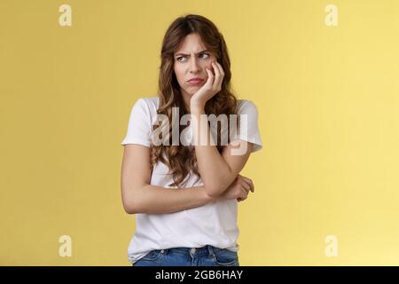Jealous upset angry moody girlfriend lean palm smirking frowning ...