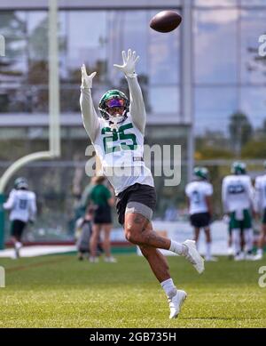 Ty Johnson of the New York Jets reacts to a play against the Denver ...