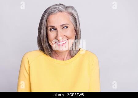 Photo of funny dreamy lady wear white t-shirt chatting modern device ...