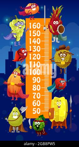 Kids height chart cartoon fruits on stadium field growth meter. Vector ...