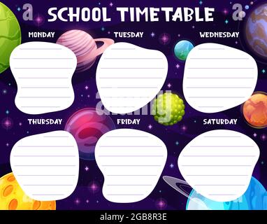 Cartoon space planets school timetable. Student lessons schedule ...