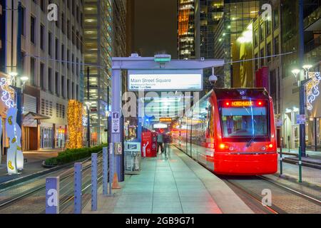 Houston METRORail cars at Main Street Square at night in downtown ...