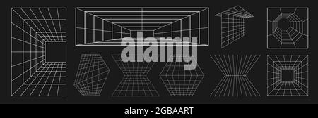 Set of retrofuturistic design elements, perspective grids, tunnel, RETRO title, polar grid ...