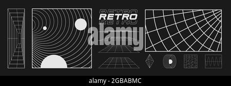 design elements, perspective grid, tunnel, circle. Black and white retro cyberpunk style ...