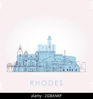 Rhodes Greece landmarks travel sign. Hand-drawn vector illustration ...