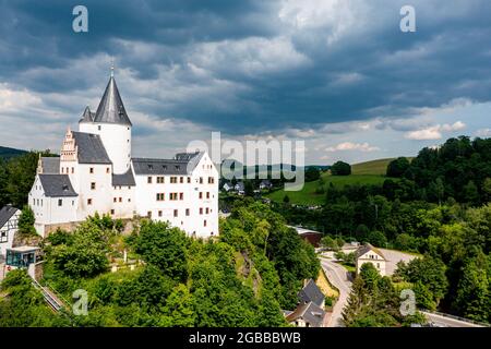 Aerial of St. Georgen Kirche and Palace, town of Schwarzenberg, Ore ...