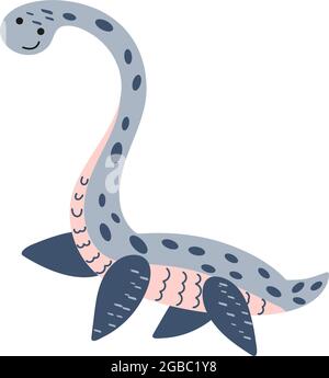 Cartoon Elasmosaurus Dinosaur Character. Isolated Vector Plesiosaur Of ...